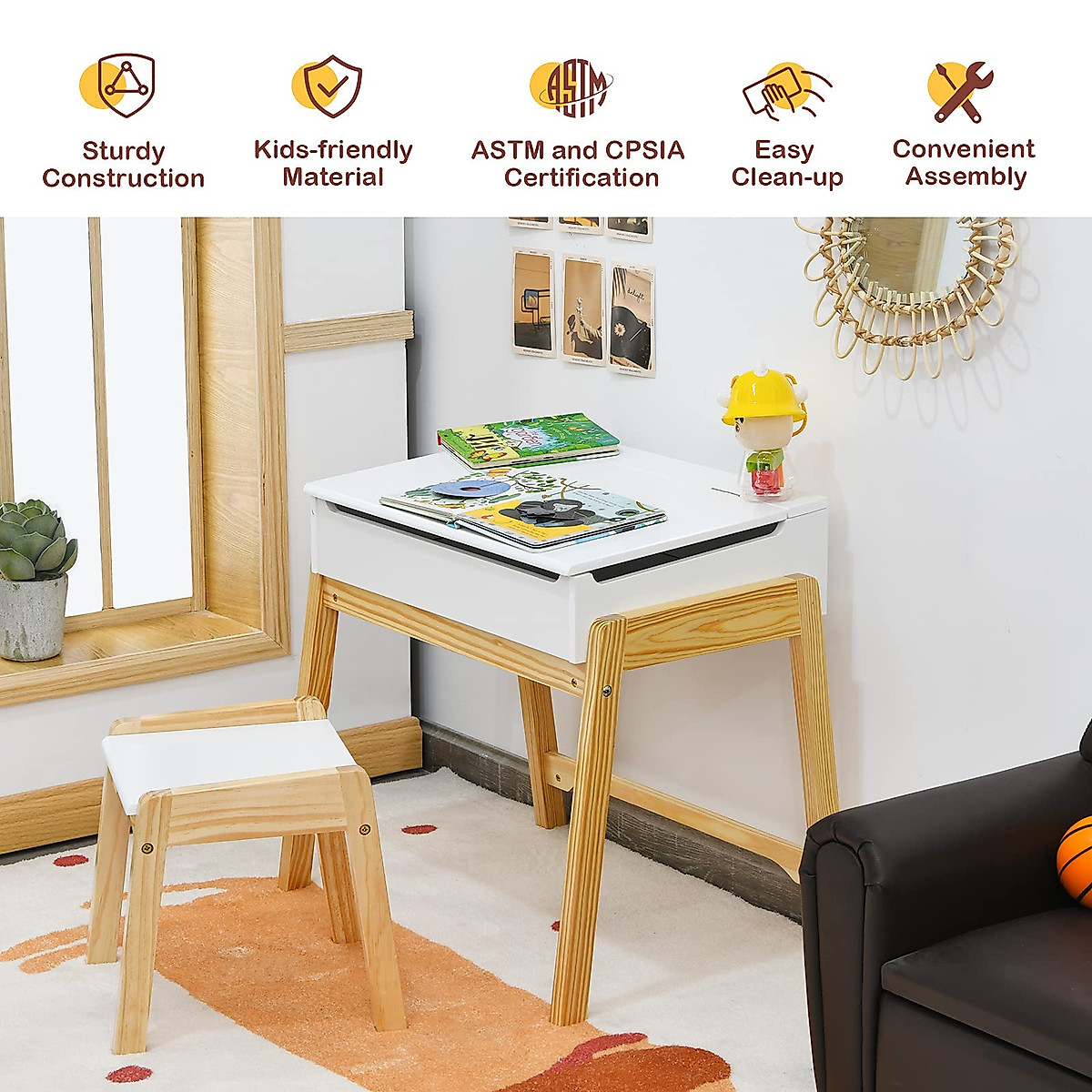 Costzon Kids Table and Chair Set, Wooden Lift-top Desk & Chair w/Storage Space, Safety Hinge, Gift for Toddler Drawing, Reading, Writing, Homeschooling, Children Activity Table & Chair (White)