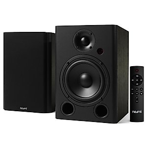 NEUMI BS5P-ARC 75-Watt Powered Bookshelf Speakers, Bluetooth, HDMI, USB, Optical, Coaxial, Remote Control, 5-Inch Woofer, 1-Inch Tweeter, Dark Wood, 1 Pair
