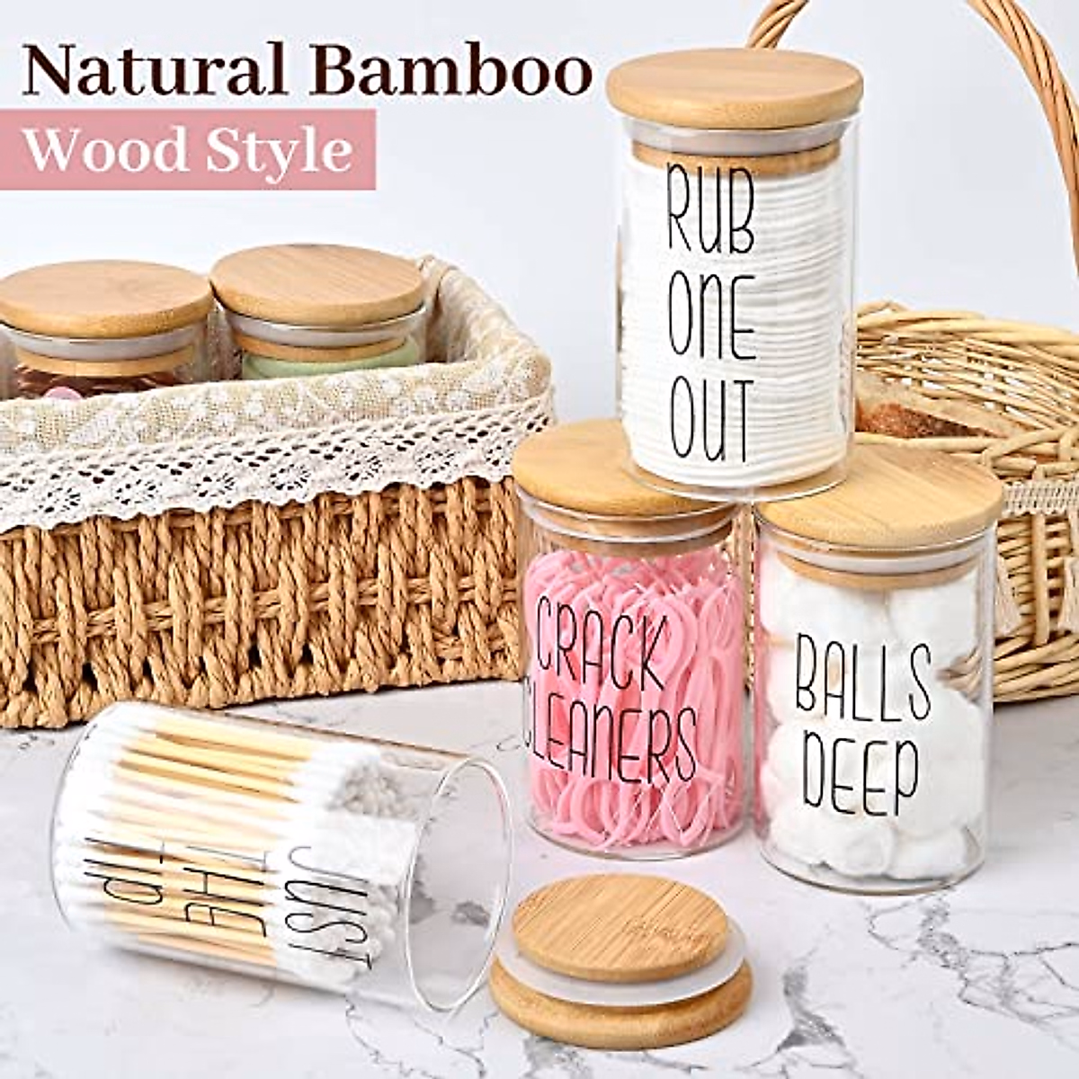 TUZAZO 4 Pack Glass Qtip Holder Apothecary Jars with Bamboo Lids, Clear Bathroom Organizer Storage Canisters Set Bathroom Jars for Cotton Balls, Floss, Cotton Rounds and Cotton Swab Holder