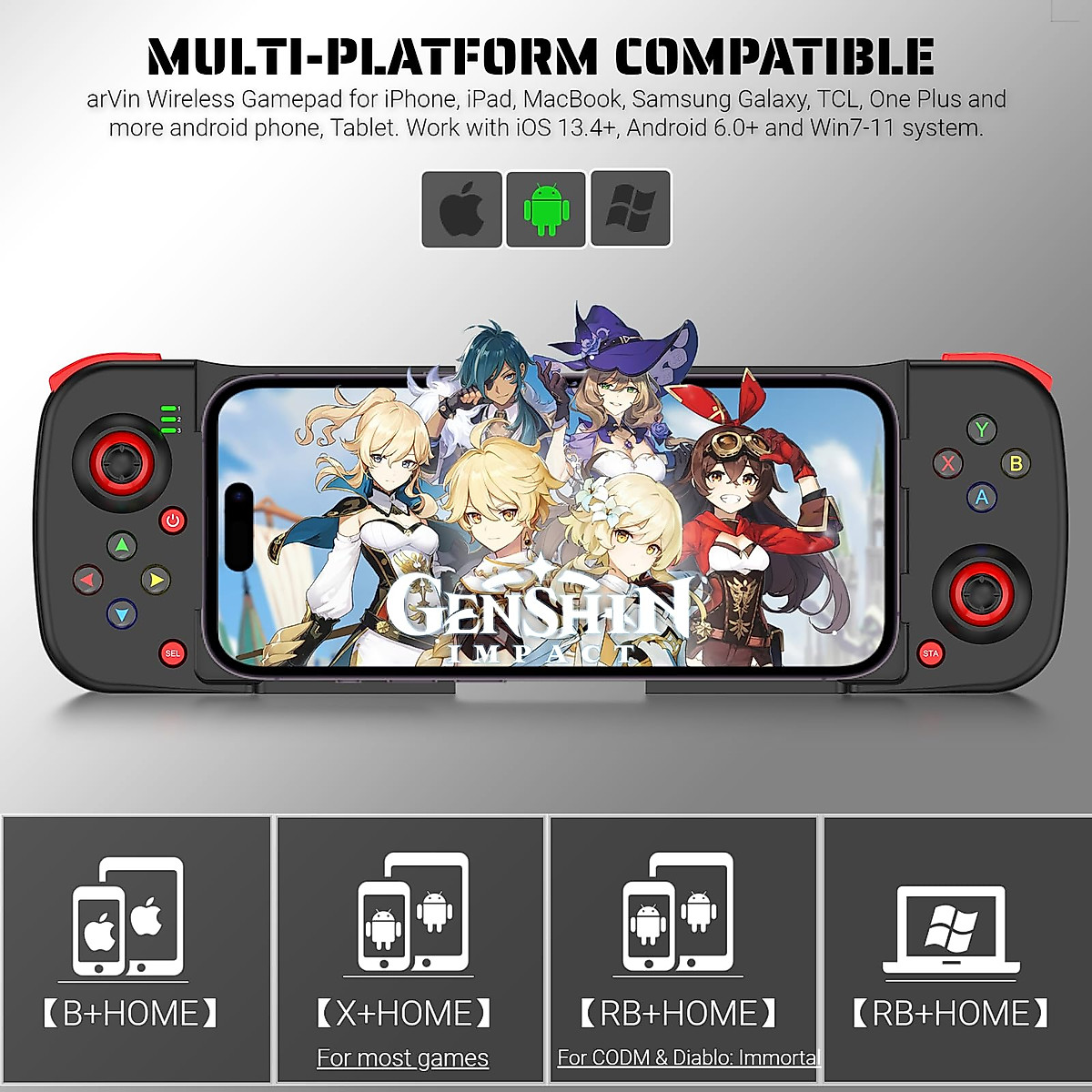 arVin Wireless Gaming Controller for iPhone iOS Android PC, Bluetooth Gamepad Joystick for iPhone 15/14/13/iPad/Samsung Galaxy S23/S22/S21/Tablet, Call of Duty Mobile, Genshin, Roblox-with Back Button