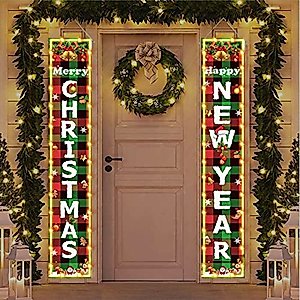 KOKISHIN Christmas Decorations Banner, Merry Christmas Happy New Year Party Decor With string Light for Indoor Outside Front Door Living Room Kitchen Wall Party Sign Decor 72 x 12 Inch