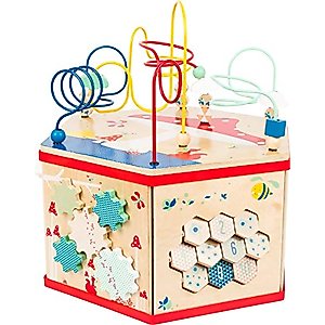 Wooden Activity Cube XL Size by Small Foot – Classic 7-Sided Interactive Toy with Bead Maze, Puzzle, Shape Sorter, Clock & Wheels - Develops Kids Dexterity, Motor Skills – Age 12+ months