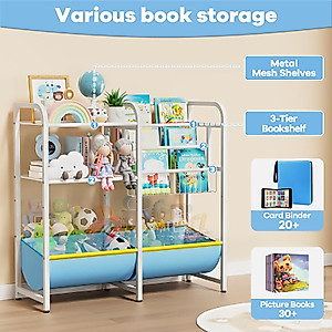 Kids Bookshelf and Toy Storage - 3 Tier Montessori Bookshelf with Fabric Toy Box, Nursery Book Shelves for Children, Baby Toddler Toy Organizer Book Shelf for Kids Rooms, Living Room, Bedroom