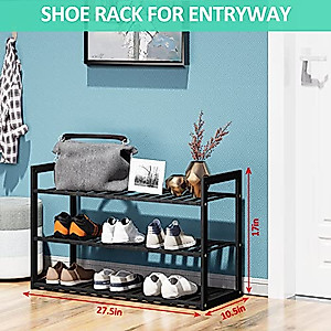 Bamboo Shoe Rack for Closet, 3-Tier Dampproof Shoe Organizer Free Standing Shoe Racks for Entryway and Closet Hallway Black Waterproof Shoe Storage Organizer for Indoor Outdoor (Black, 3-Tiers)