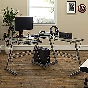 Walker Edison Ellis Modern Glass Top L Shaped Corner Gaming Desk with Computer Keyboard Tray, 51 Inch, Silver