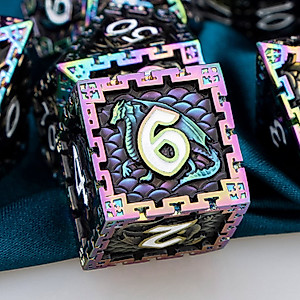 ARUOHHA Metal D&D Dice Set Dragon Design DND Rainbow Dice with Gift Box, D + D 7pcs Large Polyhedral Dice for Dungeons and Dragons RPG Role Playing Games Handmade D and D Dice D20 D12 D10 D8 D6 D4