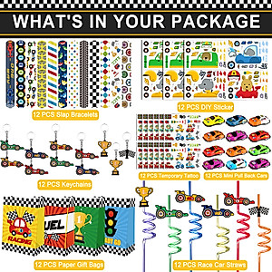 Erweicet Race Car Party Favors 84 PCS Mini Race Cars Keychains Slap Bracelet Stickers Straws Goody Treat Candy Bags for Kids Birthday Party Classroom Reward