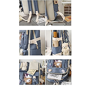 MWZING kawaii Backpack 5 Piece Backpack Set with handbag Pencil Box Small Cell Phone Purse Receive Bag with Pendant Pins Blue