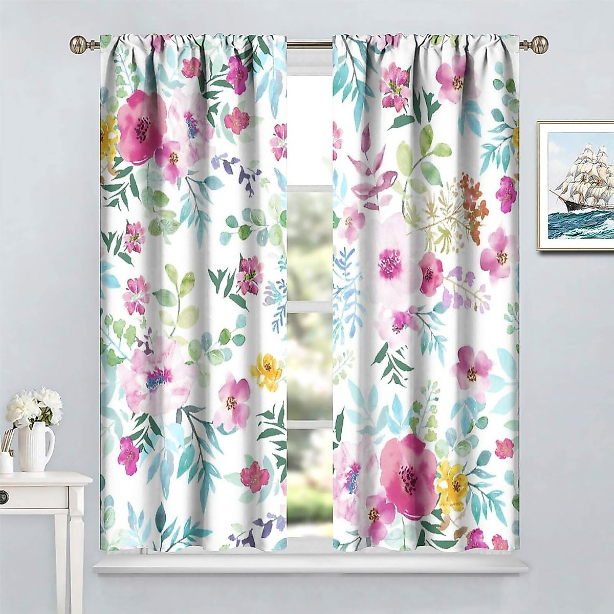 Floral Plant Blackout Curtains,Pink Watercolor Floral Girls Kids Home Window Treatments for Home Living Room Bedroom Drapes 52x84in