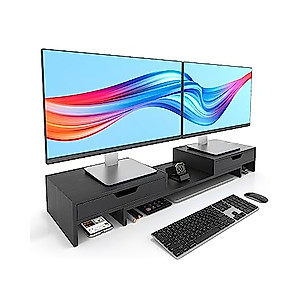 Epesoware Dual Monitor Stand Riser with Adjustable Length and Angle, Bamboo Computer Riser with 2 Extra Drawers, Desk Organizer for Laptop, Computer No Assembly Required