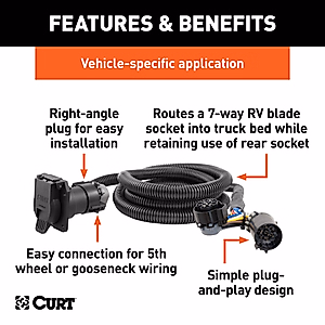 CURT 56070 7-Foot Vehicle-Side Truck Bed 7-Pin Trailer Wiring Harness Extension, Select Chevrolet, Dodge, Ford, GMC, Nissan, Ram, Toyota , black
