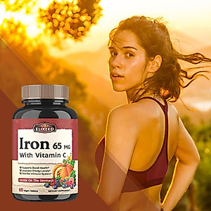 Elixeed Iron Tablets for Women & Men, 65 mg of Elemental Iron with VC, Gentle & Well-Absorbed, Blood Health, Energy Support, Vegan-Friendly, 60 Tablets, Non-GMO, No Gluten
