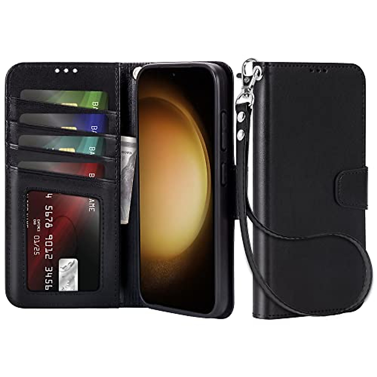 Lugege Compatible with Samsung Galaxy S23 5G Case Wallet Flip Folio Case [Kickstand] with RFID Blocking Card Holders [Shockproof] and Wrist Strap Phone Cover Black