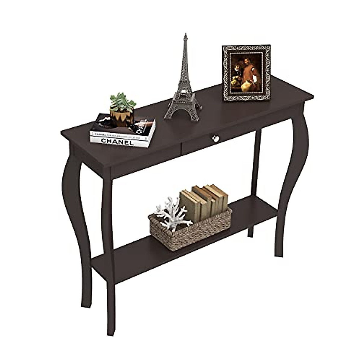 ChooChoo Narrow Console Table with Drawer, Chic Accent Sofa Entryway Table with Shelves for Entryway, Living Room, Hallway, Espresso