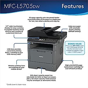 Brother MFC-L5705DW All-in-One Wireless Monochrome Laser Printer - Print Copy Scan Fax - 42 ppm, 1200x1200 dpi, 3.7" Touch LCD, 256MB Memory, Auto Duplex Printing, 50-Sheet ADF, BROAGE Printer_Cable