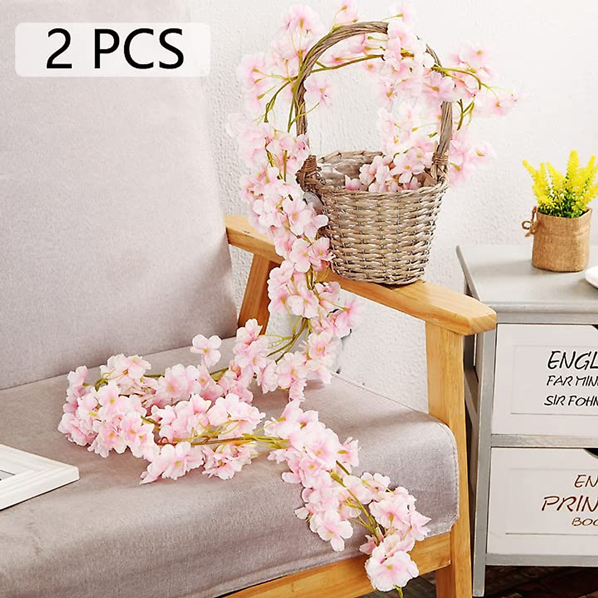 2pcs 11.8ft Artificial Cherry Blossom Flower Vines Fake Flower Garland Outdoors Hanging Silk Flowers Vines for Home Decor Pink Room Decor Wedding Party Japanese Kawaii Decor