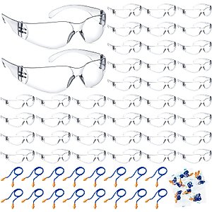 60 Pairs Protective Safety Glasses Goggles with 60 Pairs Reusable Earplugs, Clear Airsoft Goggle Anti Scratch UV Resistant Eyewear Goggles for Men and Women for Work, Lab, Construction, Sports