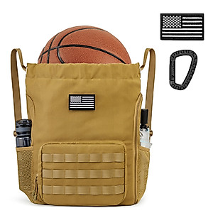 G4Free Drawstring Backpack Gym Backpack Soccer Basketball Bag with Shoes Compartment Tactical Water-Resistant String Sports Bag for Men Women(Tan)