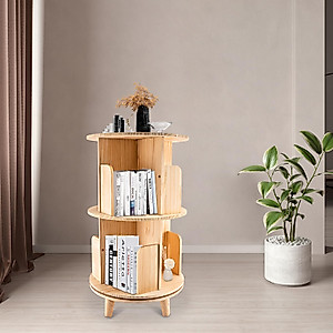 BYGOVICE Pine Wood Rotating Bookshelf Tower with 2 Tiers, Spinning Bookshelf 360 Display Floor Standing, Multi-Functional Bookshelf Organizer for Corridors, Balconies, Living Rooms, Study Rooms