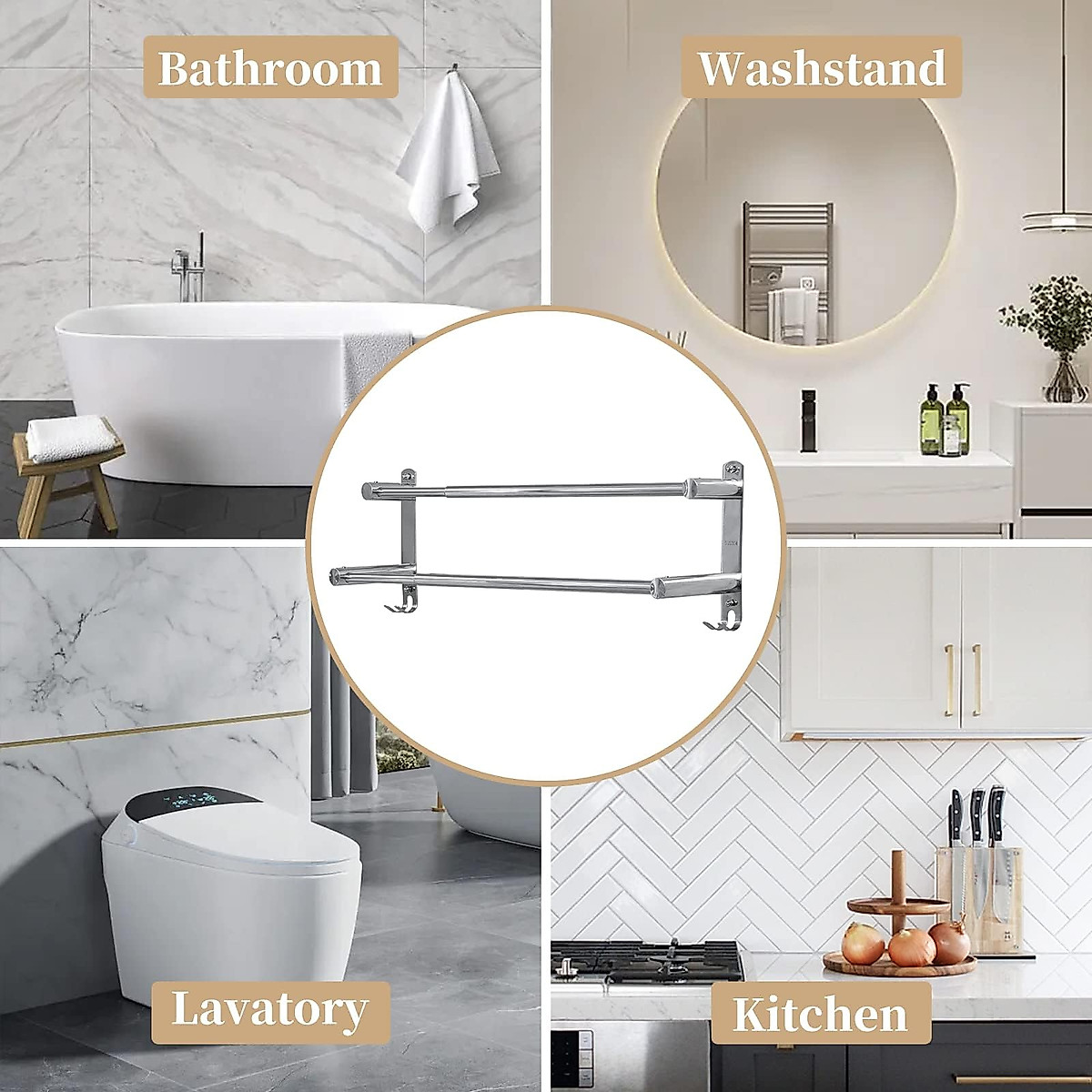 BIGLUFU Stretchable 17-31 Inches Double Bath Towel Bar Bathroom Towel Rack Hooks Kitchen Hand Towel Holder Dish Cloths Hanger SUS304 Stainless Steel Wall Mounted No Drill Space Saving 2-Bar Silver