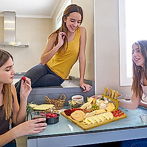 Mondax Premium Bamboo Cheese Board Wooden Charcuterie Platter and Sever Tray with 4 Stainless Steel Knife Thick Fancy Cheese Board Set Kitchen Living-Room House Warming Wedding Ideal