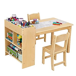 OOOK Kids Art Table and 2 Chairs, Toddler Activity Table with Large Storage Shelves, Wood Activity Desk for Writing Drawing Suitable for Playrooms & Classroom