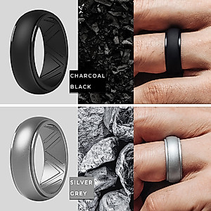 ThunderFit Men's Silicone Wedding Rings, Step Edge Breathable Rubber Engagement Bands 8.7mm Wide 2.5mm Thick - 1/4/7 Variety Multipack (Pack N - Size 14.5-15 (23.06mm))