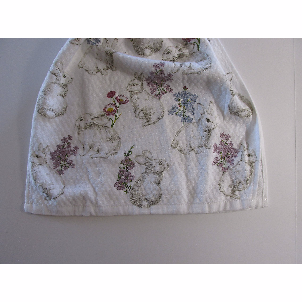 Cottage Bunny Lavender & Blue Floral Double Thickness Hanging Easter Kitchen Towels - Ivory Cotton Crochet Top