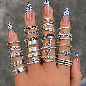 iF YOU Vintage Silver Knuckle Rings Set for Women, 24pcs Open Stackable Midi Rings, Boho Butterfly Snake Finger Ring Pack