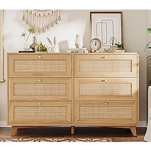 VIAGDO Rattan Dresser for Bedroom, 6 Drawer Dresser with Natural Rattan Drawers, Wooden Wide Dresser with Gold Handles, Modern Closet Dressers Chest of Drawers for Nursery Entryway Living Room