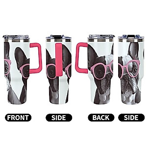 40 Oz Vacuum Tumbler with Light Rose Red Handle Leakproof Insulated Tumbler French Bulldog Pink Glasses Stainless Steel Travel Mug with Lid And Straw Coffee Cup Cute Water Bottles Cup Holder Friendly