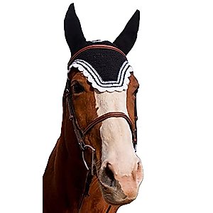 Equine Couture Fly Bonnet with Silver Lurex & Contrast Color - Pony Color - Black/White, Size - Full