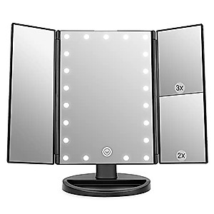 WEILY Makeup Mirror with 21 LED Lights,Two Power Supply, Touch Screen and 1x/2x/3x Magnification Tri-Fold Vanity Mirror, Gift for Women (Black)