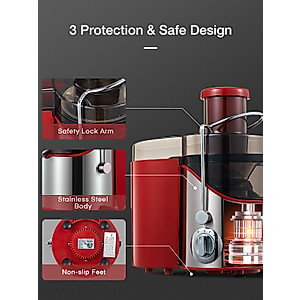 Juicer Machines, Juilist 3" Wide Mouth Juicer Extractor Max Power 800W, for Vegetable and Fruit with 3-Speed Setting, 400W Motor, Easy to Clean, Red