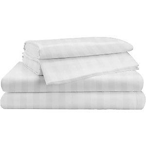 Damask Stripe Queen Size 7-Piece Duvet Cover and Bed Sheet Set 17 inch Deep Pocket - Complete Luxury Soft 1000 Thread Count 100% Egyptian Cotton Bedding Set - White