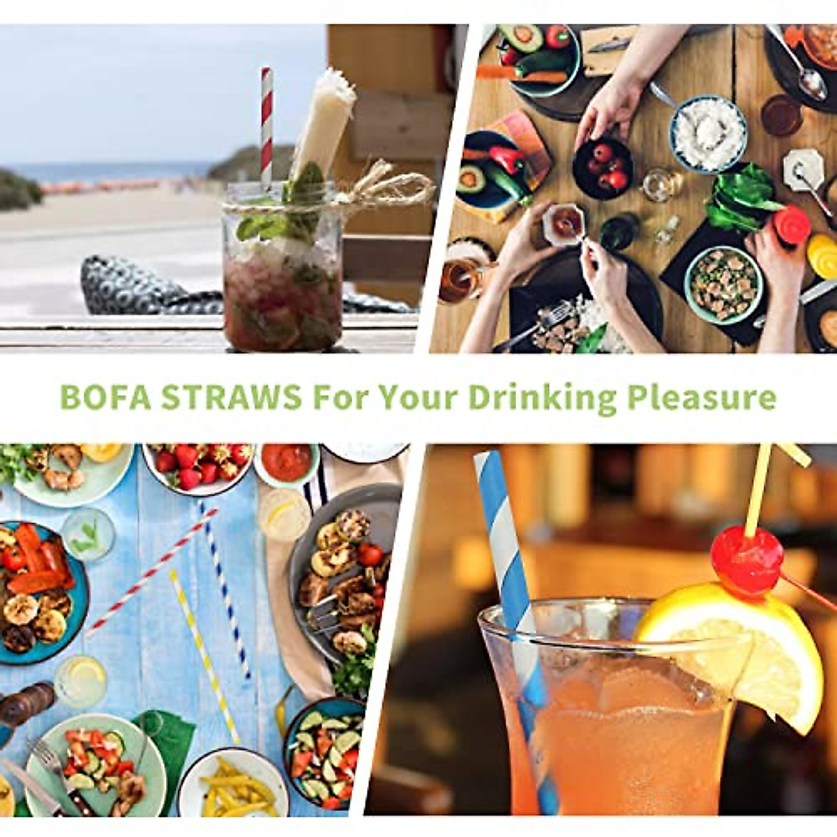 Green White Striped Straws, Disposable Paper Straws Spring Green Biodegradable Paper Drinking Straws 7.75 inch (100 of Box)