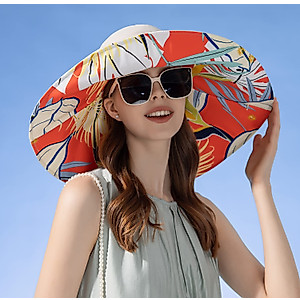 HUAMULAN Women Wide Brim Summer Sun Hat Wired Edge Floral Beach Fishing Bucket Hats Reversible Foldable Travel UV Protection