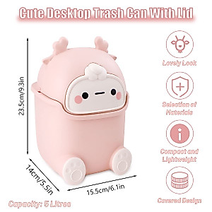 TIE-DailyNec Cute Desktop Trash Can with 90 Trash Bags, Mini Creative Trash Can with Flip Lid Plastic Storage bin, Waste Basket Garbage Can for Bathrooms Kitchens Offices Dressing Table (Pink)