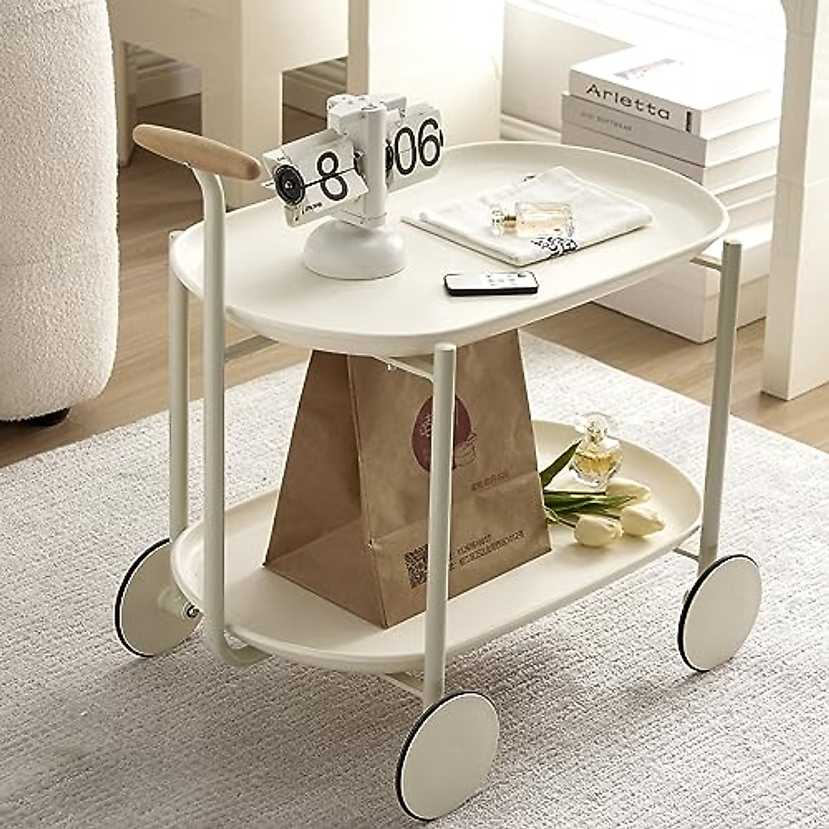 GGW Rolling Cart with Handle, 2-Tier Small Bar Cart, Serving Cart with Wheels, Drink Cart with Steel Frame, Mobile Sofa Side Table with Trays for Home, White