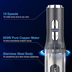 Gavasto Immersion Blender 800 Watts Scratch Resistant Hand Blender,15 Speed and Turbo Mode Hand Mixer, 3-in-1 Heavy Duty Copper Motor Stainless Steel Smart Stick with Egg Beaters and Chopper/Food Processor