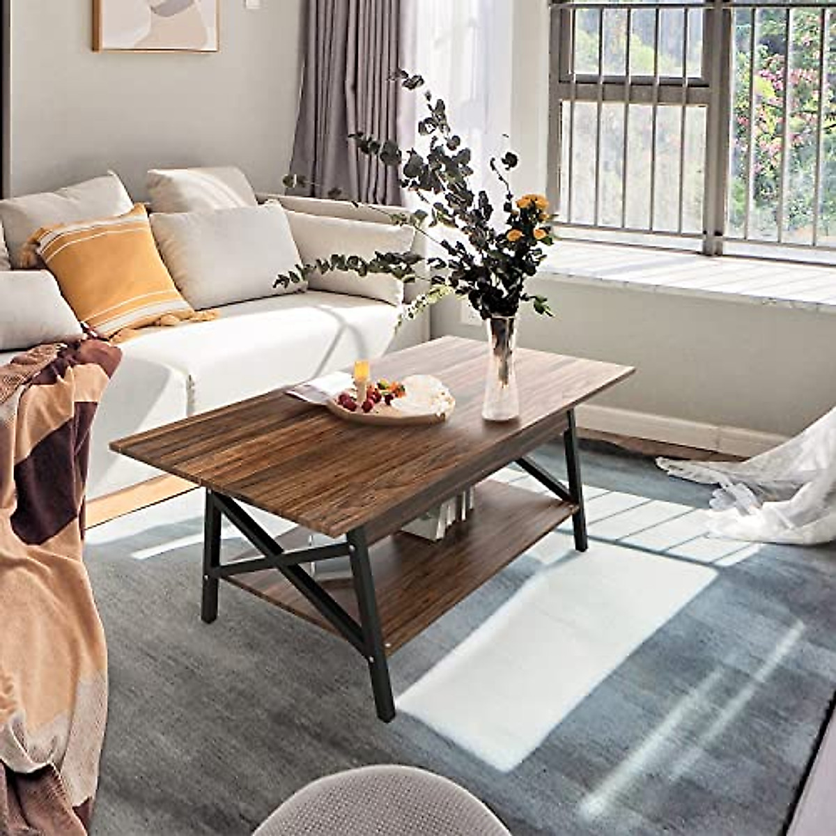 Yesker Farmhouse Coffee Table, Industrial Rustic Coffee Table Heavy Duty Two Tier Coffee Tea Table 45” with Shelf for Living Room, Accent Cocktail Table with Stronger Metal Frame Thicker Leg