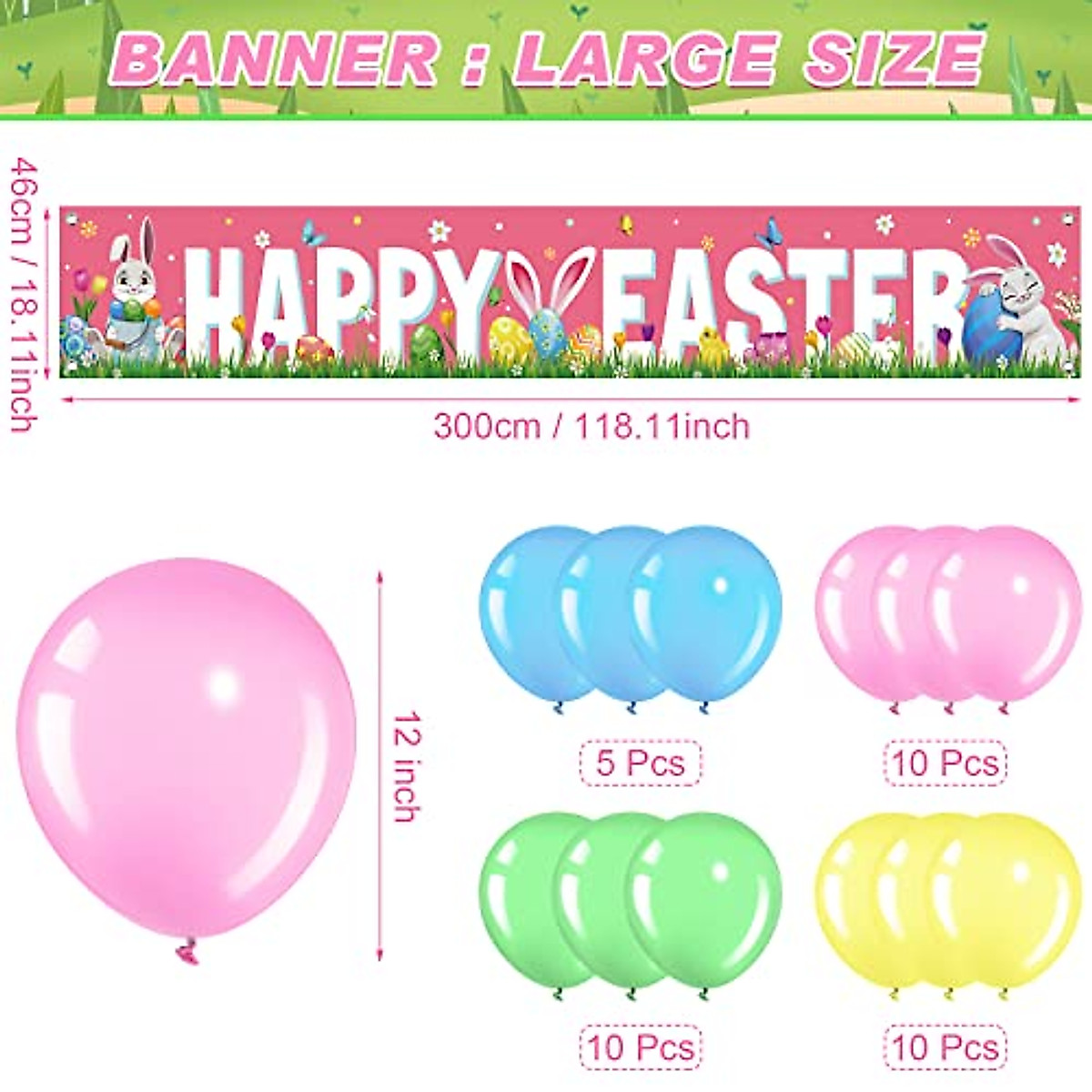 36 Pcs Happy Easter Banner and Balloons Decorations Set Large Fabric Happy Easter Yard Sign Banner Outdoor Spring Easter Themed Party Banner 35 Pcs Latex Balloons for Home Party Decoration 18 x 118 ft