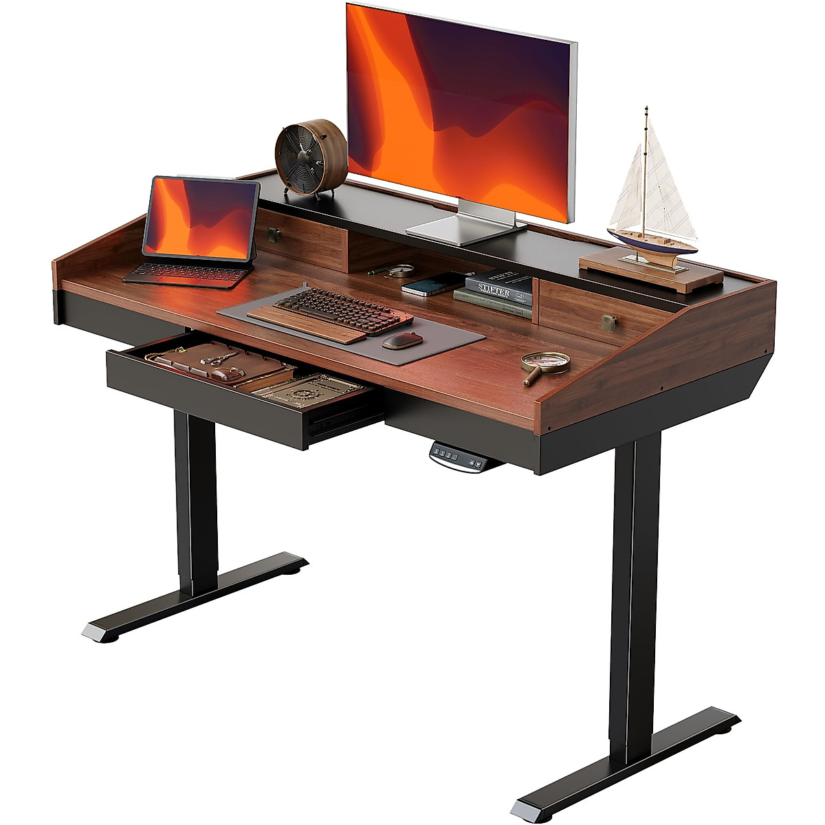 FEZIBO 48" Whole-Piece Standing Desk Adjustable Height with drawers, 48 x 24 inches Electric Stand Up Desk with Monitor Shelf, Sit Stand Rising Desk with baffle, Black Walnut