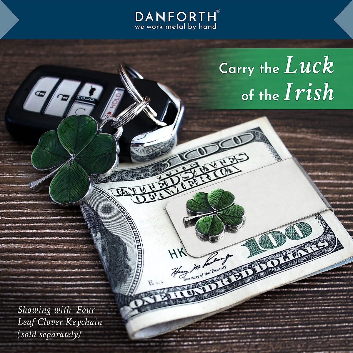 DANFORTH Four Leaf Clover Money Clip For Men, Handcrafted Pewter Metal Irish Shamrock Money Clip, 2”, Made In USA