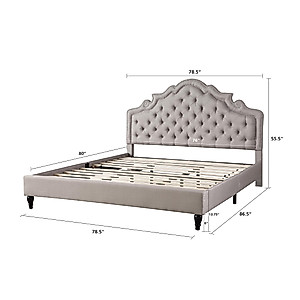 HomeLife Premiere Classics 51" Tall Platform Bed with Cloth Headboard and Slats - Queen (Light Grey Silver)