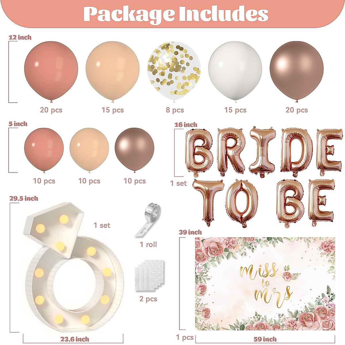 Bachelorette Party Decorations, LYVEEF Rose Gold Bridal Shower Decor, 111 PCS Blush Pink Balloons Garland Arch Kit with Bride To Be Balloons, Confetti Balloons, DIY Marquee Light Up Ring and Backdrop