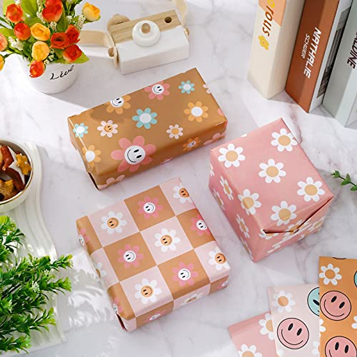 Whaline 12 Sheet Retro Boho Wrapping Paper Folded Flat Boho Floral Gift Wrap Art Paper for Birthday Wedding Baby Shower DIY Crafts Gift Packing Supplies, 19.7 x 27.6 Inch, 6 Design