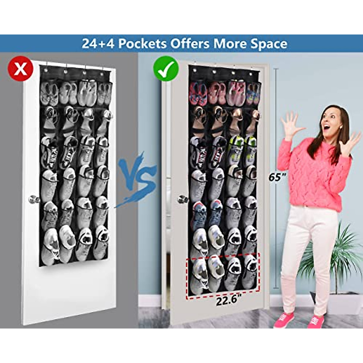 MISSLO Over The Door Shoe Organizer with Deep Pockets and 28 Large Pockets Hanging Shoe Organizer Over The Door Shoe Rack for Closet