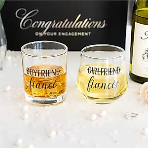 Newlywoo Engagement Gifts for Couples - Boyfriend Girlfriend Wine and Whiskey Glass Fiance Gifts for Him and Her - Newly Engaged Unique Glasses with Diamond Wine Stopper