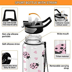 Fustylead Cute Ladybug and Hearts 32oz BPA Free Water Bottles, Leakproof Tritan Sport Water Bottle with Straw for Gym Fitness Running